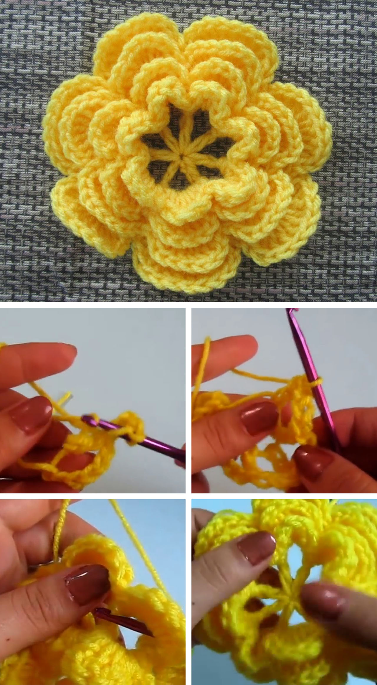 Yellow 3D Crochet Flower Tutorial | CrochetBeja